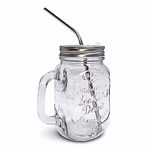 Home Suave Mason Jar Mugs with Handle, Regular Mouth Colorful Lids with 2 Reusable Stainless Steel Straw, Set of 2 (Silver), Kitchen GLASS 16 oz Jars,Refreshing Ice Cold Drink & Dishwasher Safe
