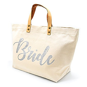 PumPumpz" Bride/Mrs" Bridal Tote Bag Natural white and glittery for Wedding Gifts. (Bride Sliver)