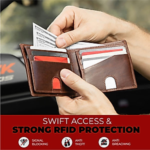 BULL GUARD Mens RFID Blocking Bifold Wallet Soft Genuine Leather Brown Western | Secure and Durable Extra Capacity Billfold with 11 Credit Cards, Flip Up ID