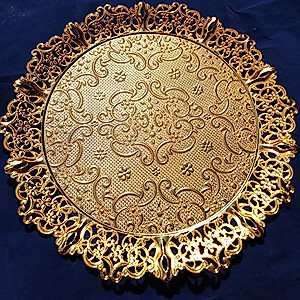 Gold Turkish Round Coffee Tea Serving Tray Decorative Ottoman for Table Bar Outdoor Party Platter Dessert Kitchen Vintage Antique Dresser Decor Style Gift Centerpiece Metal Wedding