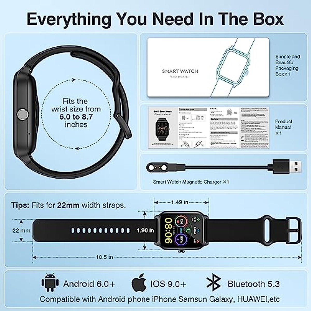 7-day Long Battery Life, Smart Watch for Women and Men, iPhone Android Compatible, Waterproof Fitness Tracker Smartwatch with Call, Alexa, Heart Rate/Spo2 Monitor, Sleep Tracker, 1.8 Inch (Black)