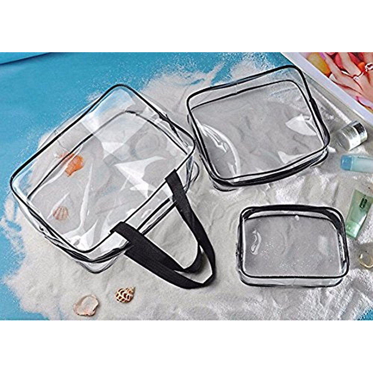 mkki 3pcs Clear Portable Makeup Cosmetic Toiletry Travel Bath Wash Storage Bag Transparent Waterproof Pouch Organizer Make Up Bag
