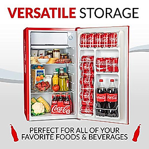 Nostalgia Coca-Cola Refrigerator with Freezer, 3.2 Cu. Ft., Adjustable Temperature Cools as Low as 32 Degrees, Bottle Opener, Ice Cube Tray, Scraper Included, Red