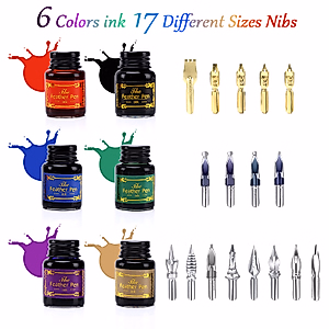 Junhartt Quill Feather Pen and Ink Set, Calligraphy Pen Glass Dip Pen and Wax Seal Stamp Kit (Red)