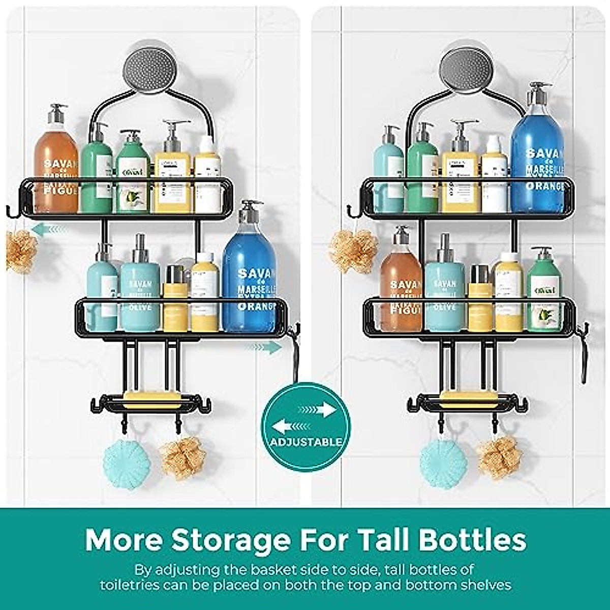 HAMITOR Adjustable Large Shower Organizer with Soap Holder - Rust Proof Bathroom Shelf Shampoo Storage Rack with 3-Tier Baskets - 4 Movable Hooks for Razor Loofah Black