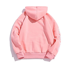 ZAFUL Men's Fleece Hoodie Unisex Rose Letter Print Hooded Pullover Kangaroo Pocket Sweatshirt Pink L