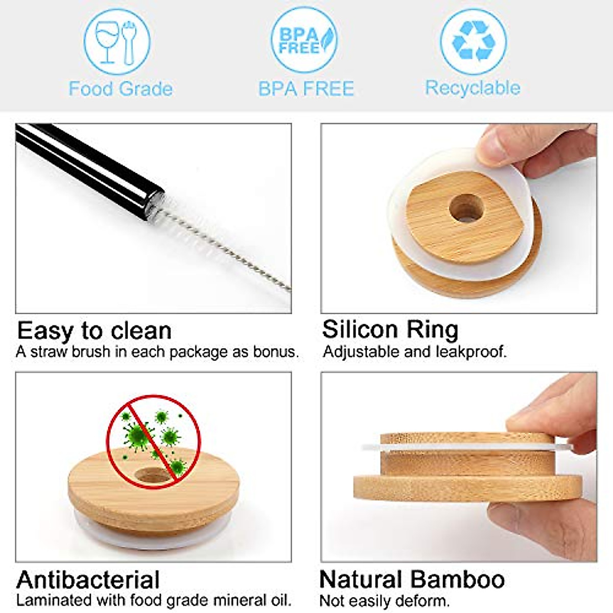 Mason Jar Lids with Straw Hole, ECO Reusable Bamboo Mason Jar Lids for Wide Mouth Mason Jar with 2 Reusable Stainless Steel Straw - 2 LIDS &Golden Straw