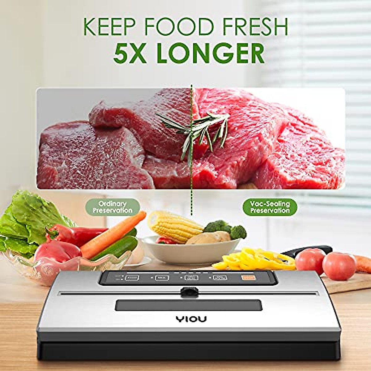 YIOU Vacuum Sealer Machine, Food Saver Vacuum Sealer Machine Build-in Cutter 80Kpa Vacuum Sealer for Food with Starter Kit Led Indicator Lights Dry Moist Mode Easy to Clean Food Vacuum Sealer, Silver