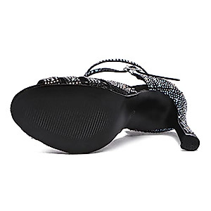 JUODVMP Women's Ballroom Dance Shoes Black T-strap Latin Dance Shoes with Rhinestones 4 inch Heel,8 US