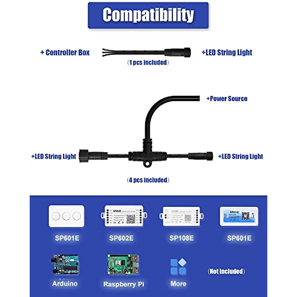 GMJYC 12V 500pcs WS2811 Pixels Individually Addressable IP68 Diffused Digital RGB LED String Light with 3 Pin Waterproof Connector 12mm Dream Color Black Wire for Christmas/Garden, witn 4 T-Connectors