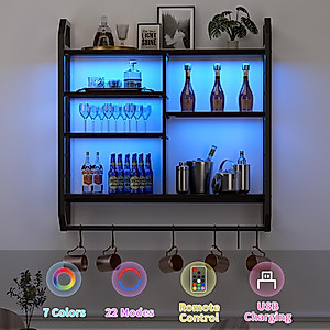 Nidouillet Gaming Floating Shelves, Large LED Wall Mounted Display Shelf, Adjustable Hanging Pipe Shelf Bookshelf with Lights 6 Hooks for Game Living Room Bedroom Coffee Bar Kitchen Decor Black