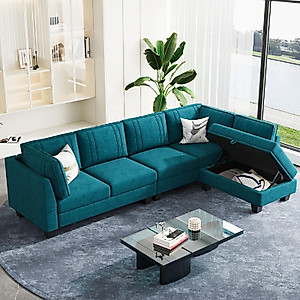 Belffin 4 Seater Sectional Sofa with Reversible Chaise, L Shaped Sofa Sectional Couch with Convertible Storage Ottoman Peacock Blue
