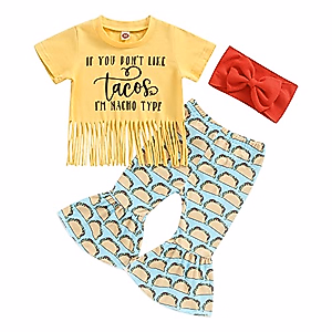 Toddler Baby Girl Summer Clothes Short Sleeve Tshirt Tassel Top Bell Bottoms Pants Spring Outfit Boho Clothing (Yello-Tacos Nacho,6-12 Months)
