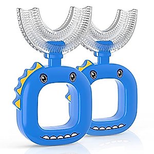 U Shaped Toothbrush - for Kids, Manual Whole Mouth Toddler Toothbrush Age 2-4 5 6 & up, Food Grade Soft Silicone Brush Head, 360° Oral Teeth Cleaning Design, Good for Children's Dental Health, 2 Blue