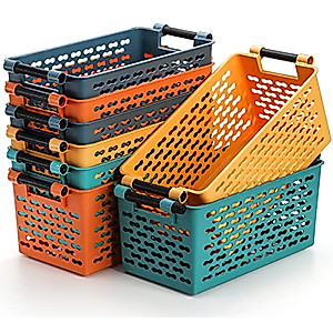Yesland 8 Pack Plastic Storage Basket for Shelves, 12 x 6 x 5 Inches Basket Organizer Bin with Handles Sturdy Closet Baskets for Home Office Closet - Yellow, Orange, Blue, Green