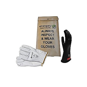 Enespro Class 0 Black Rubber Voltage Insulating Glove Kit with Leather Protectors, Max. Use Voltage 1,000V AC/ 1,500V DC, KITGC0B10