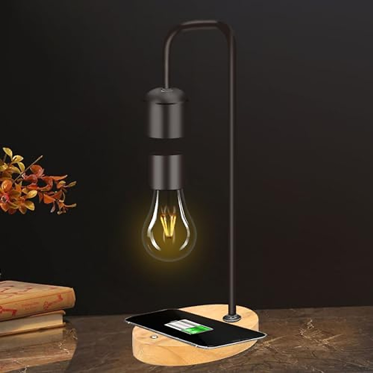 FloatGo Levitating Bulb Lamp with Wireless Phone Charger Apple Android Magnetic Floating Futuristic Lamp Black LED Night Light Desk Lamp for Christmas Gift Home Move in Decoration