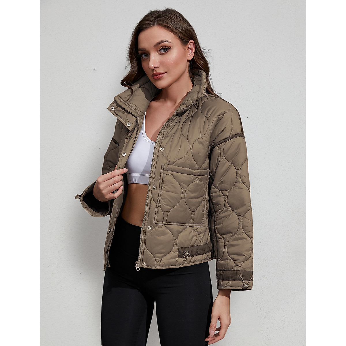 Seetaa Quilted Puffer Jacket Womens Stand Collar Full-Zip Outerwear Puffy Coats Jacket with Pockets(Brown-XL)