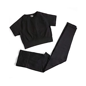 PINKSAVIOR Workout Sets for Women Two Piece Outfits Seamless High Waist Leggings Yoga Crop Tops Athletic Sports Gym Sets(P005M-Black