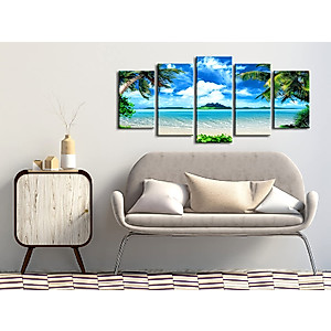 Pyradecor Modern 5 Panels Blue Sea Beach Pictures Paintings on Canvas Wall Art Stretched Contemporary Landscape Ocean Canvas Prints Artwork for Bedroom Home Decorations