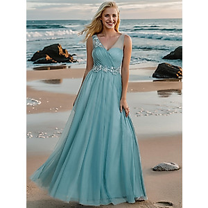 Ever-Pretty Women's V Neck Sleeveless See-Through A-line Flowy Maxi Bridesmaid Dresses for Women Dusty Blue US10