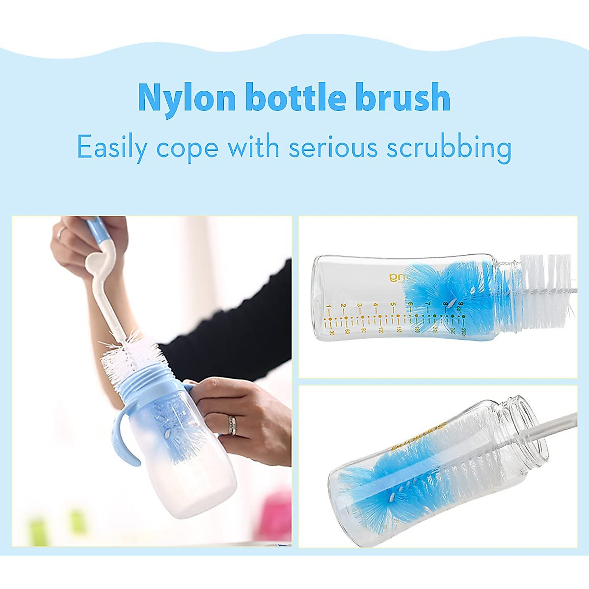 Baby Bottle Brush Set, Baby Bottle Cleaner, Harbiss Rotary Baby Bottle Cleaning Brush with Nipple Cleaner and Straw Cleaner Brush and Additional Sponge Brush kit, No soapy Water Splashing, Blue