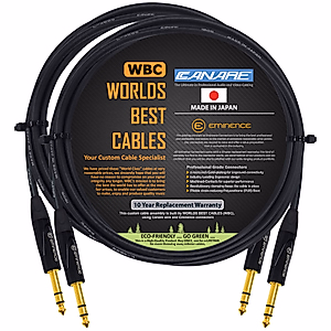 WORLDS BEST CABLES 2 Units - 6 Foot - Canare L-4E6S, Star Quad Balanced TRS Patch Cable with Eminence Gold E502 TRS Stereo Plugs - Custom Made
