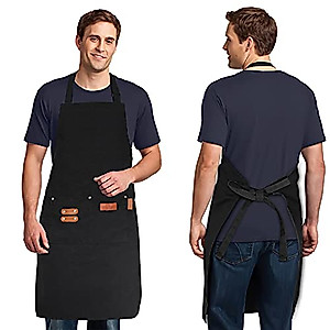 Sosirolo Chef Apron for Men Women with Pockets, Waterdrop Resistant Cotton Canvas Adjustable Apron with Gift Package, Black Apron for Grilling Cooking BBQ Kitchen, M-XXXL