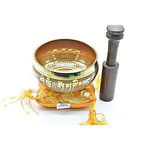 3.75" Tibetan Meditation Yoga Singing Bowl Green Set with free Wooden Mallet and Silk Cushion from Nepal, Singing bowls. (Orange)