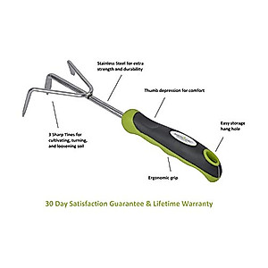 Garden Guru Hand Cultivator Rake Tiller Tool - Stainless Steel for Ultimate Strength - Rust Resistant - Ergonomic Handle - Great for Gardening Cultivating Loosening Weeding