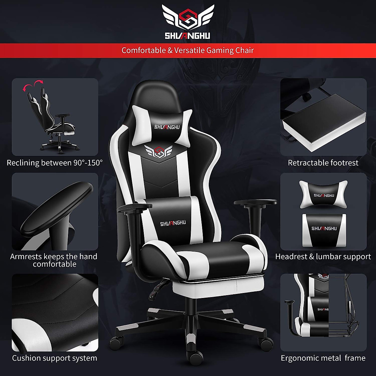shuanghu Gaming Chair Office Chair Ergonomic Computer Chair with Reclining Chair with Headrest and Lumbar Support Video Game Chair for Adults Teens Desk Chair(Footrest)