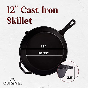 Cuisinel Cast Iron Skillet with Lid - 12"-Inch Frying Pan + Glass Cover + Silicone Handle Holder - Pre-Seasoned Oven Safe Cookware - Indoor/Outdoor Use - Grill, BBQ, Fire, Stovetop, Induction