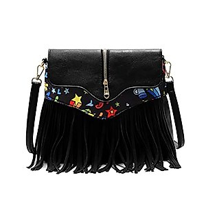 Sunwel Fashion Tassel Purse with Ethnic Print Hobo & Crossbody Handbag for Women Girls (black)