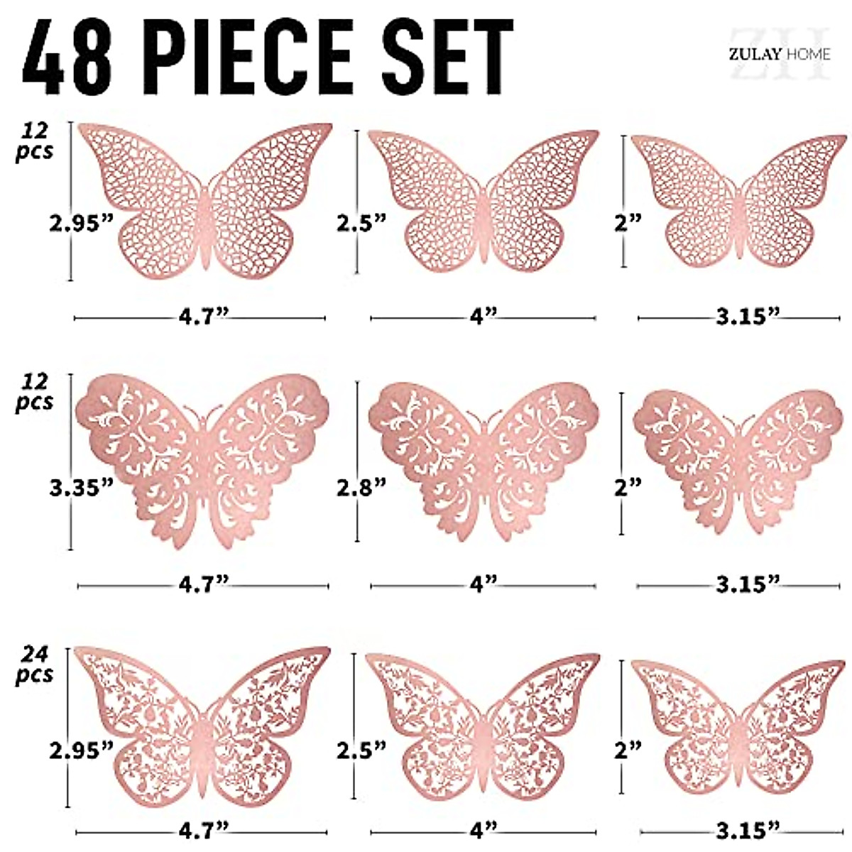 Zulay Home 3D Butterfly Wall Decor - 48pcs Butterfly Decor with 3 Wing Designs - Removable DIY Butterfly Decorations for Room, Birthdays, Parties, Cake, Weddings, Kids Bedroom (Metallic Rose Gold)
