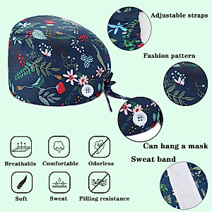 WAINIS 6 Pcs Cute Cotton Printed Working Cap with Button Sweatband Adjustable Tie Back Bouffant Hat for Women Men