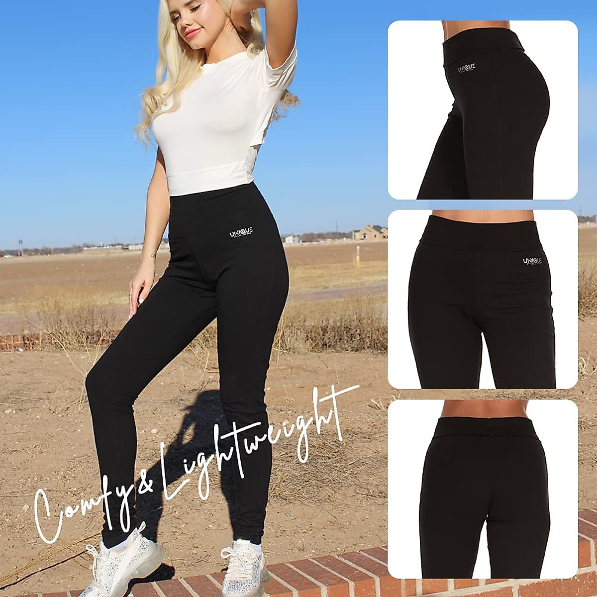 UNIQUE STYLES ASFOOR Yoga Pants for Women High Waisted Cotton Workout Black Leggings (Black, Small)