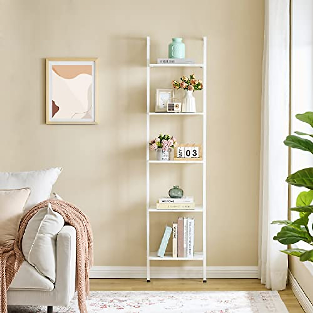Tajsoon Industrial Bookcase, Ladder Shelf, 5-Tier Wood Wall Mounted Bookshelf with Stable Metal Frame, Storage Shelves for Bedroom, Home Office, Collection, White