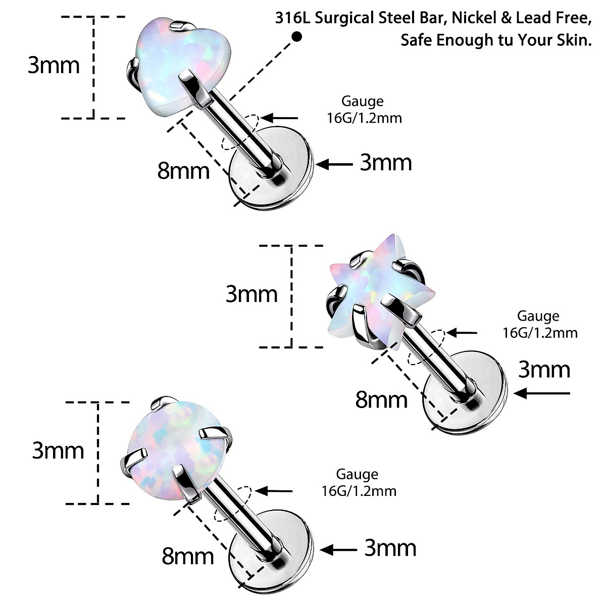 Melighting 3PCS Labret Piercing 16G Surgical Steel Lip Rings Opal with Star Heart Helix Earring Studs Internally Threaded Labret Stud Tragus Piercing Jewelry