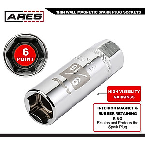 ARES 11016-5-Piece Magnetic Spark Plug Socket Set - Includes 14mm and 16mm Thin Wall Sockets and 9/16-inch, 5/8-inch, and 13/16-inch Sockets - Convenient Reusable Storage Rail Included