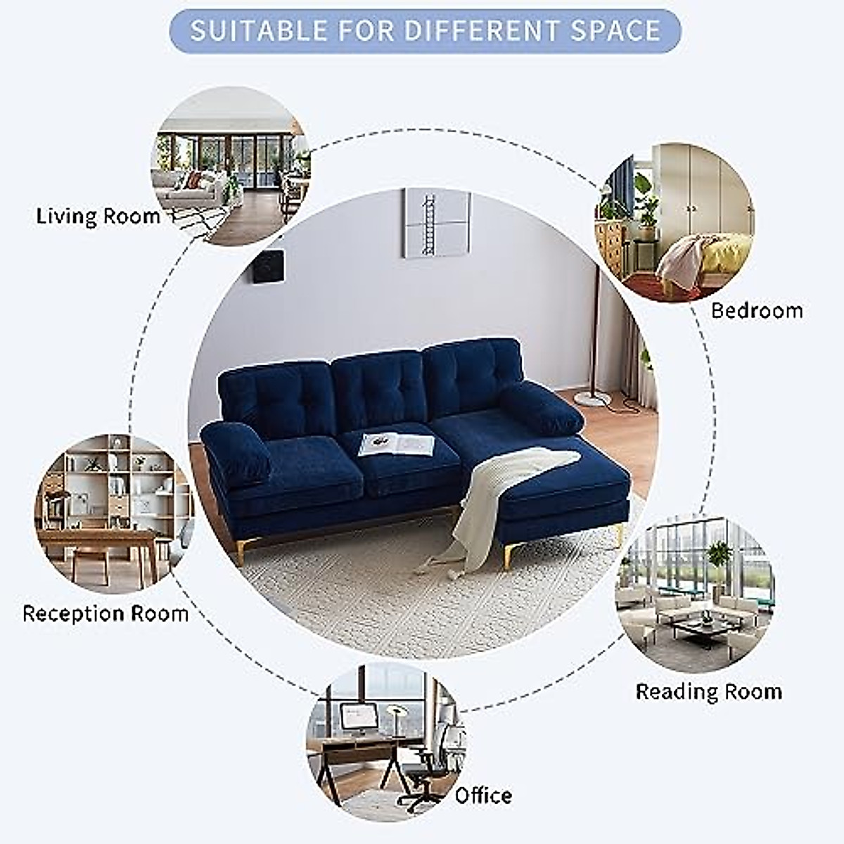 Polibi 83" L-Shape Convertible Sectional Sofa Set with Chaise Lounge, Metal Legs and Button Tufted, 3-Seat Couch for Living Room, Blue