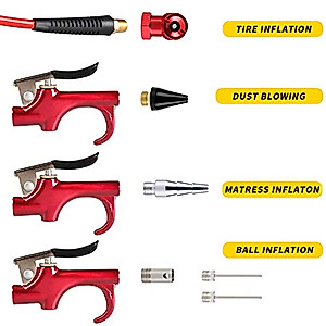 Hromee 16 Pieces Air Compressor Accessory Kit with 1/4 Inch Recoil Poly Air Hose, Blow Gun and Fittings Inflation Kit with Needles, Ball Chuck and Tire Pressure Gauge