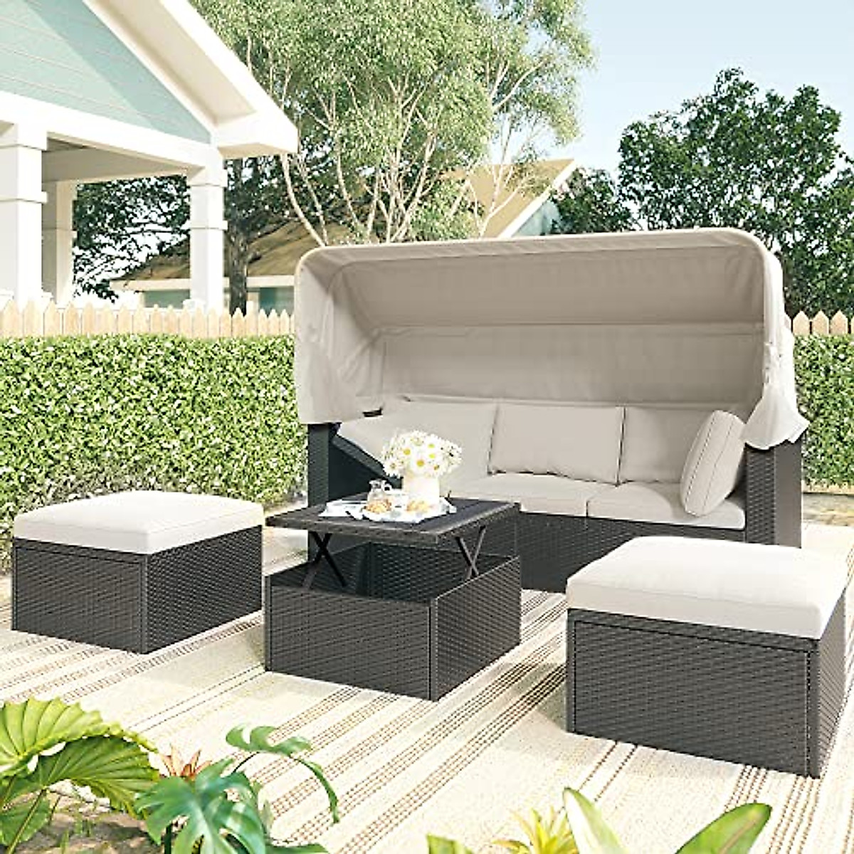 Merax 4 Pieces Outdoor Patio Rattan Daybed with Retractable Canopy, UV-Proof Resin Wicker Patio Sofa Set with Washable Beige Cushions and Lifting Table