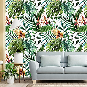 WESTICK Tropical Leaf Wallpaper Peel and Stick Jungle Botanical Wallpaper Palm Tree Tropical Wallpaper Modern Greenery Floral Contact Paper for Walls Bathroom Bedroom Accent Wallpaper 17.75" x 118"