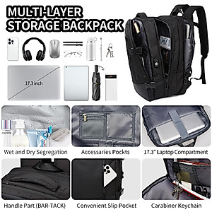 QOECI Waterproof Travel Backpack for Women Men, 44L Carry On Backpack with USB Charging Port, 17.3" Laptop Backpack, Personal Item Bag for Airlines Approved, Business Backpack Casual Daypack 1680D