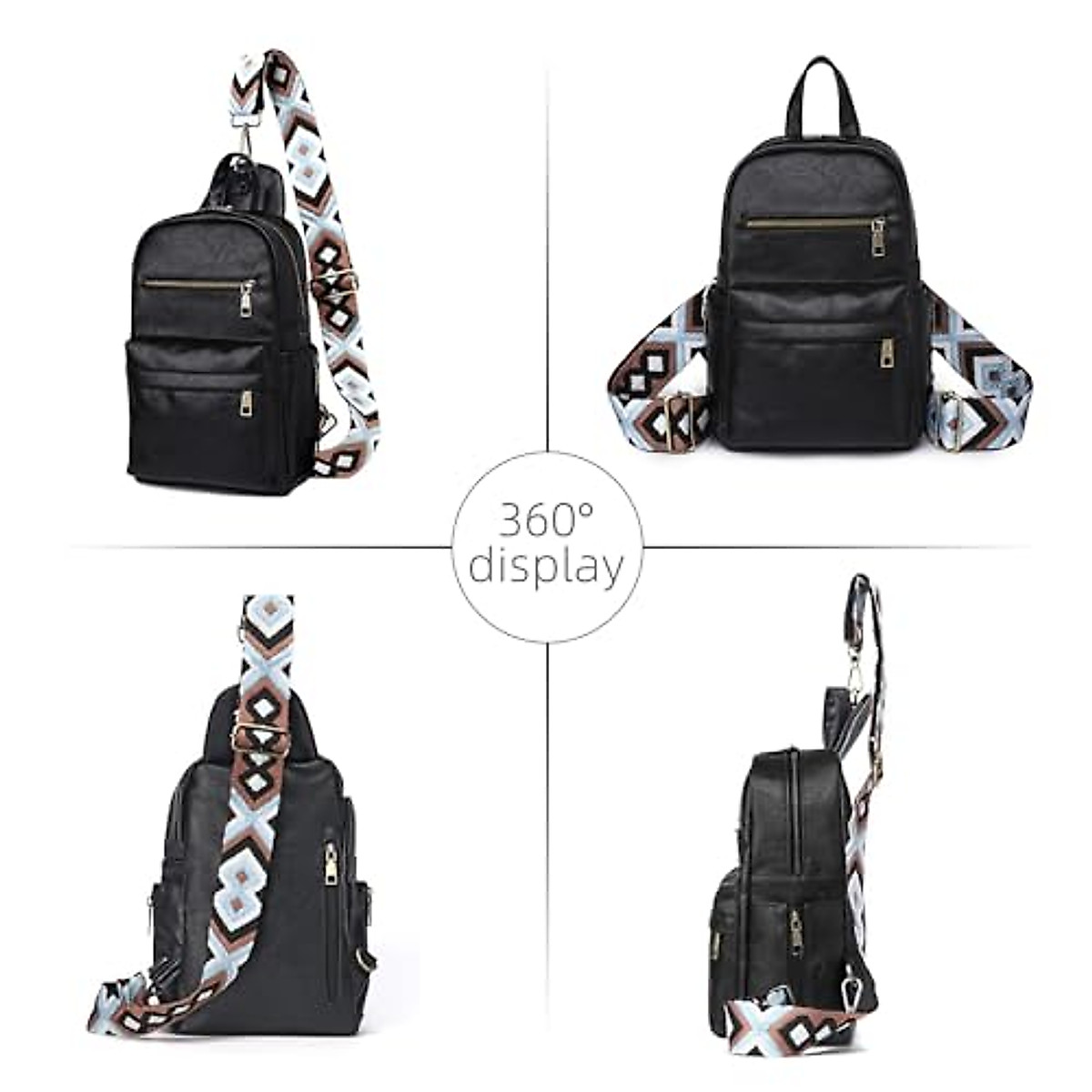 ALUSBELL Vintage Sling Bag Sling Backpack for Men Women, Vegan Leather Crossbody Bag Fanny Packs, Fashion Chest Bag Daypack with 2 Adjustable Straps,Black