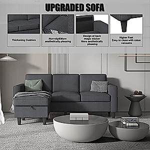 Dark Grey Convertible Sectional, Modern Linen Fabric Upholstered L-Shaped Couch with Armrest Pockets 3-Seat Sofa with Reversible Storage Ottoman for Living Room Small Space Apartment