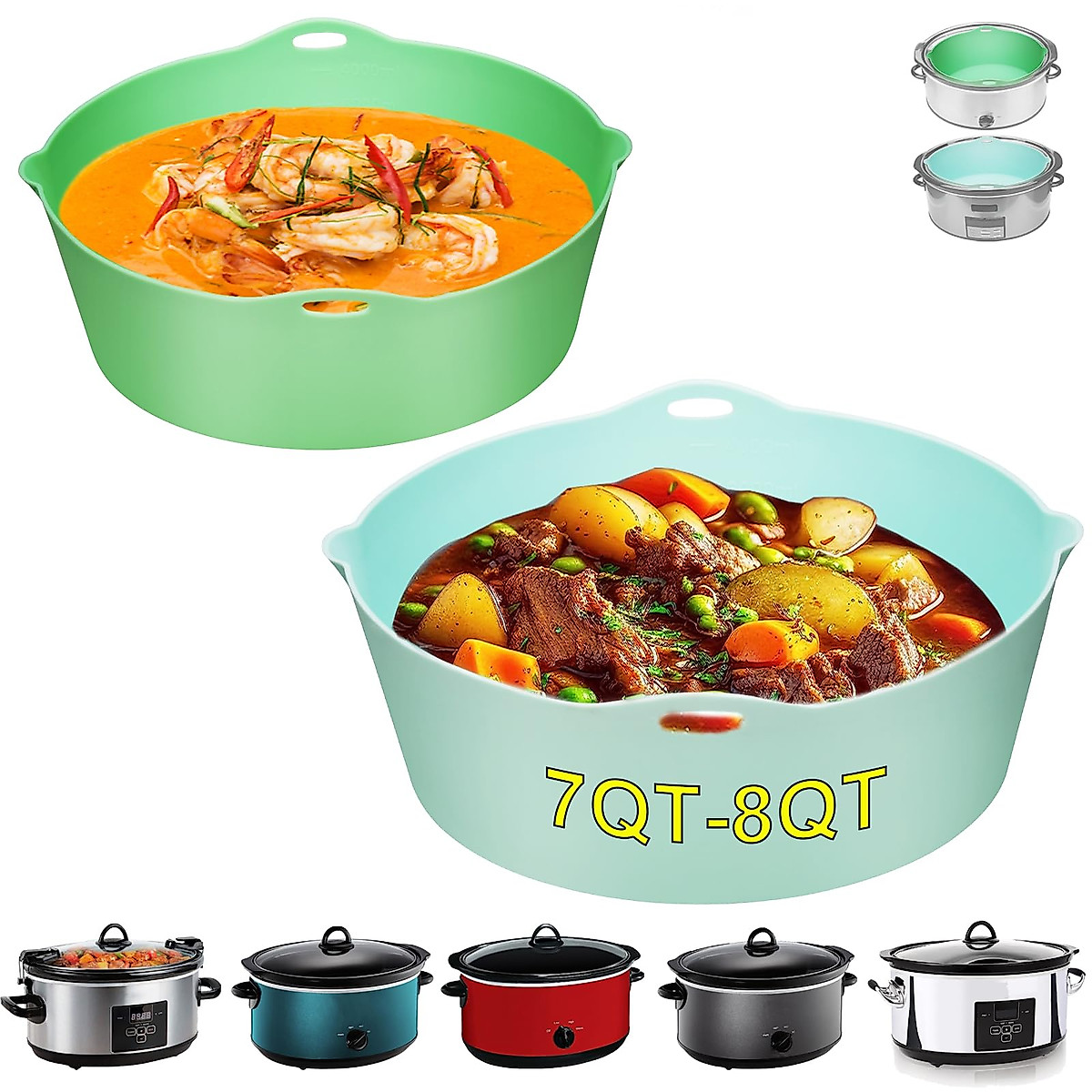 2Pack Silicone Slow Cooker Liners, Reusable Silicone 7 to 8 Quart Slow Cooker Divider Liner,Crock Pot liners,Divider Insert Slow Cooker Liners, BPA-Free, Dishwasher Safe, Oval Slow Cooker For 7QT-8QT