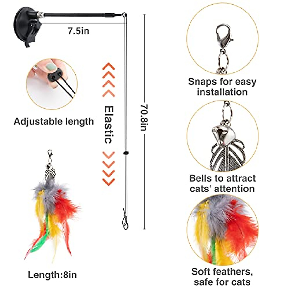 MEWTOGO Hanging Door Cat Toy, Retractable Interactive Cat Feather Toys with Super Suction Cup and 5 Replaceable Feathers, Suction Window Cat Teaser Toy for Indoor Cats Kitten Play Chase Exercise