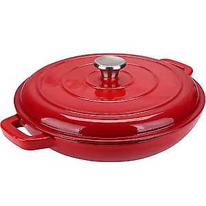 Puricon Enameled Cast Iron Casserole Braiser Pan 3.8 Quart, 12 Inches Enamel Cookware Skillet with Lid and Dual Handles -Red