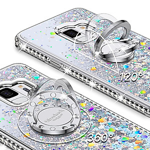 Silverback for Galaxy S9 Case, Moving Liquid Holographic Sparkle Glitter Case with Kickstand, Bling Diamond Rhinestone Bumper Ring Slim Protective Samsung Galaxy S9 Case for Girls Women - Clear Silver